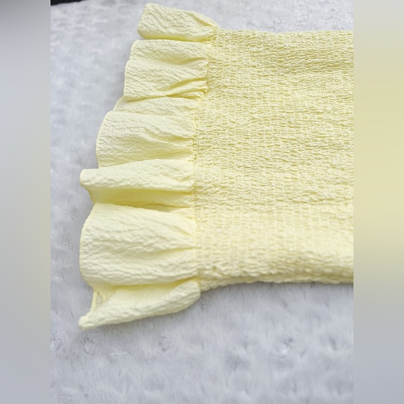 Zara | Dresses | Zara Mini Dress Soft Yellow Crinkle Ruched Puff Sleeve ...